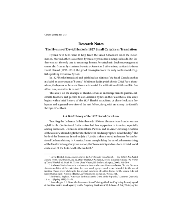 (PDF) The Hymns of David Henkel's 1827 Small Catechism Translation