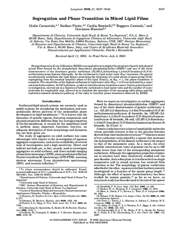 (PDF) Segregation and Phase Transition in Mixed Lipid Films | Stefano ...