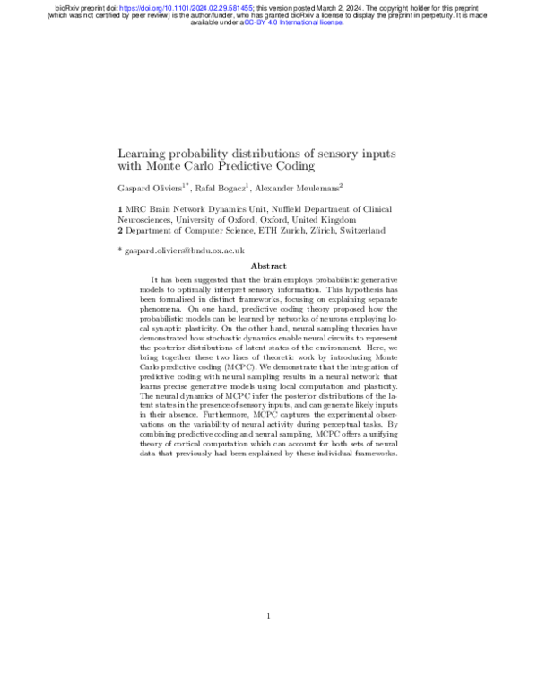 (PDF) Learning probability distributions of sensory inputs with Monte Carlo Predictive Coding