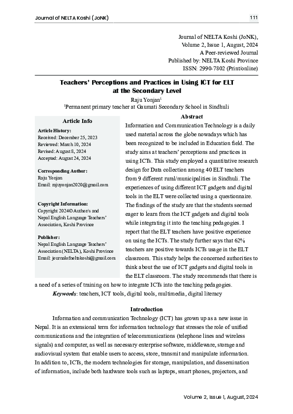 (PDF) Teachers' Perceptions and Practices in Using ICT for ELT at the Secondary Level