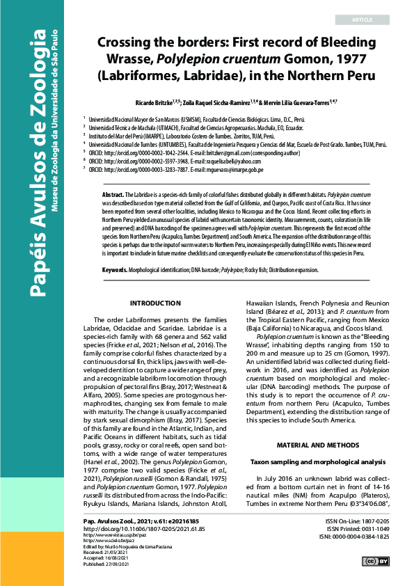 (PDF) Crossing the borders: First record of Bleeding Wrasse, Polylepion ...