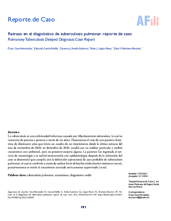 (PDF) Retraso en el diagnóstico de tuberculosis pulmonar: reporte de caso