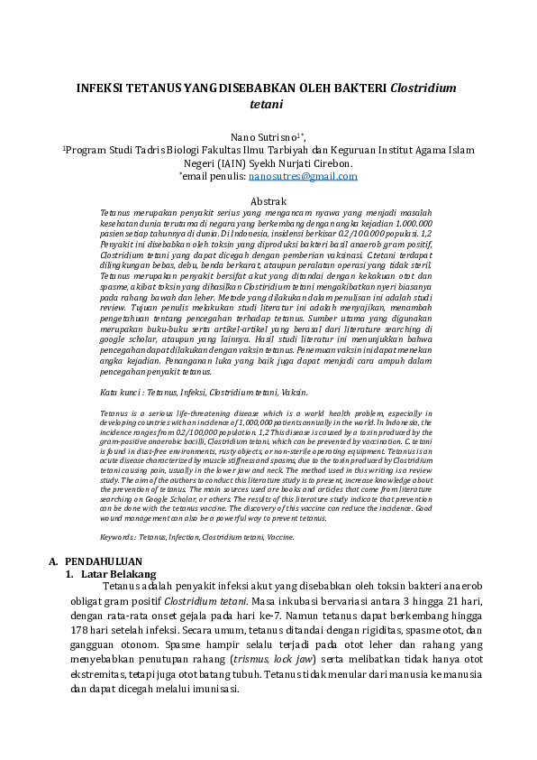 (PDF) INFEKSI TETANUS YANG DISEBABKAN OLEH BAKTERI Clostridium tetani