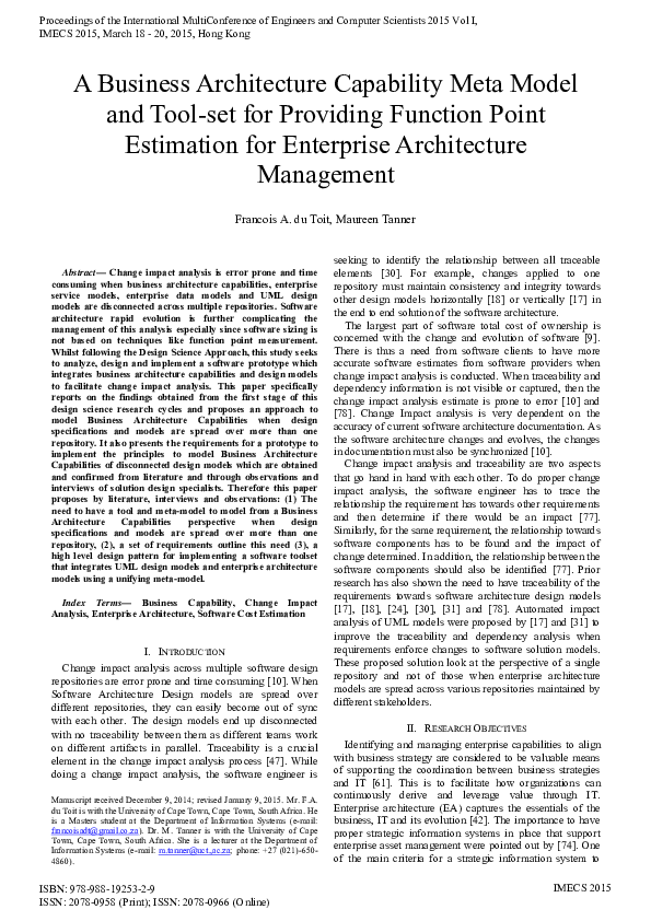 (PDF) A Business Architecture Capability Meta Model and Toolset for Providing Function Point ...