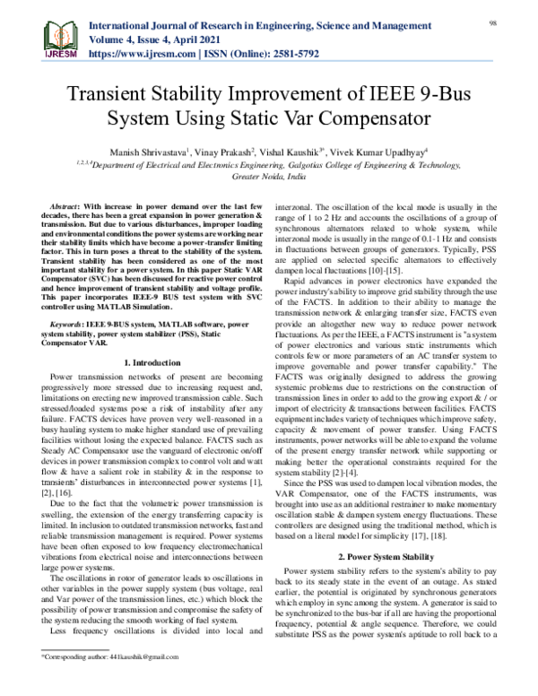 (PDF) Transient Stability Improvement of IEEE 9-Bus System Using Static Var Compensator