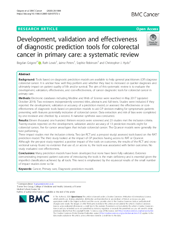 (PDF) Development, validation and effectiveness of diagnostic prediction tools for colorectal ...