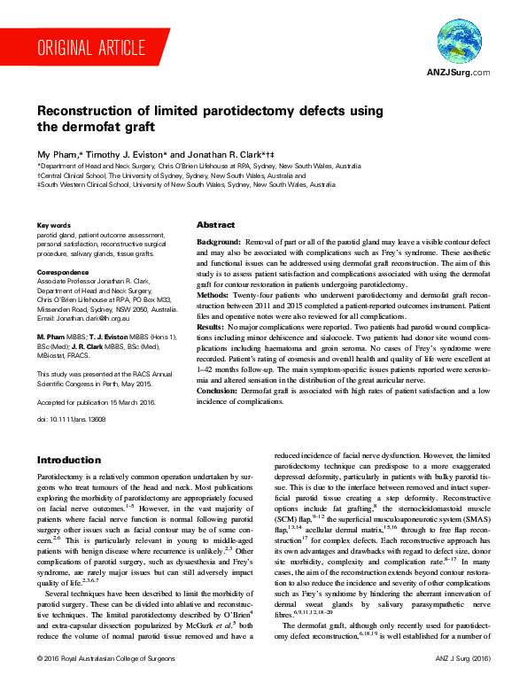 (PDF) Reconstruction of limited parotidectomy defects using the ...