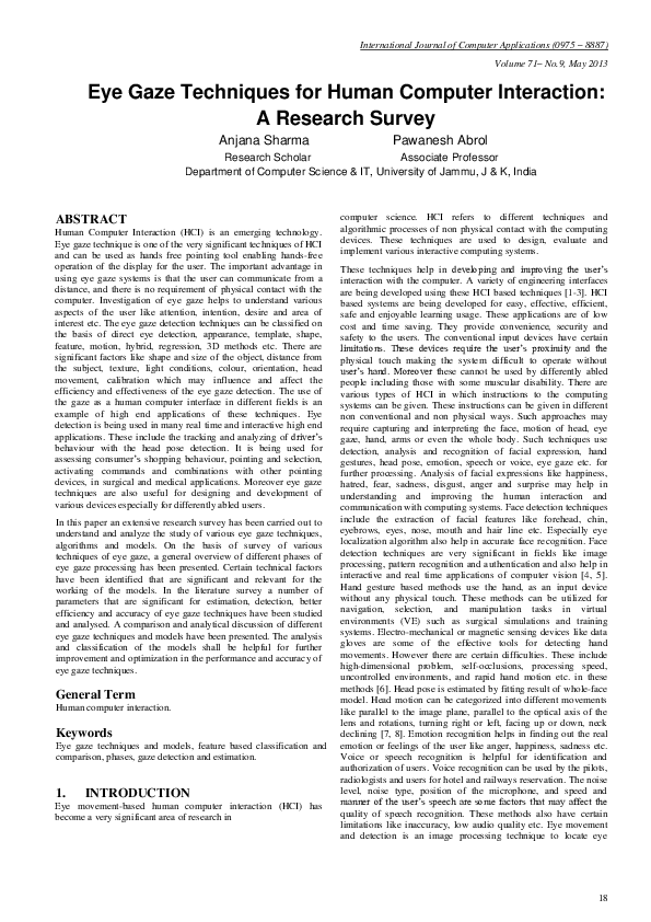 (PDF) Eye Gaze Techniques for Human Computer Interaction: A Research Survey