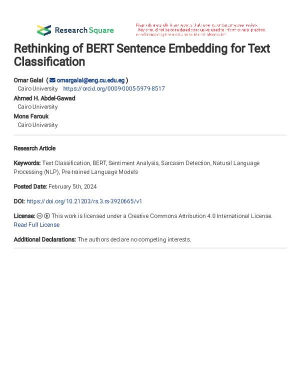 (PDF) Rethinking of BERT Sentence Embedding for Text Classification