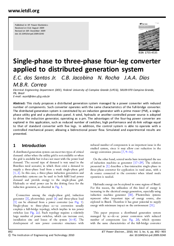 (PDF) Single-phase to three-phase four-leg converter applied to ...