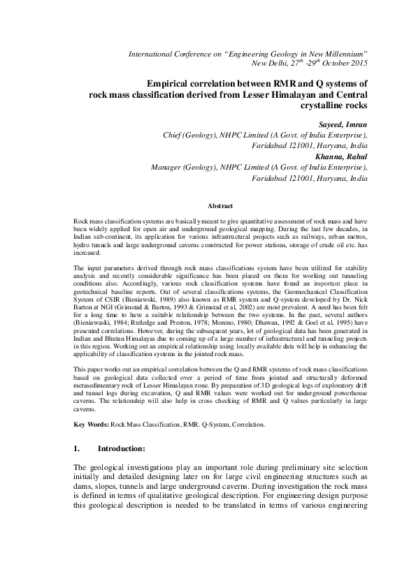 (PDF) Empirical correlation between RMR and Q systems of rock mass classification derived from ...