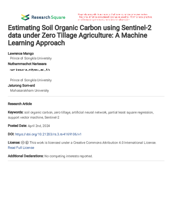 (PDF) Estimating Soil Organic Carbon using Sentinel-2 data under Zero Tillage Agriculture: A ...