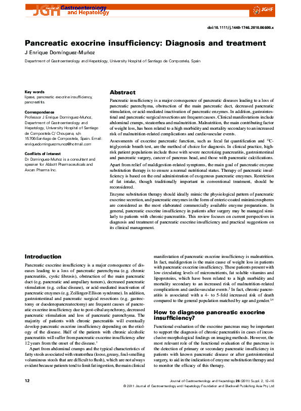 (PDF) Pancreatic exocrine insufficiency: Diagnosis and treatment