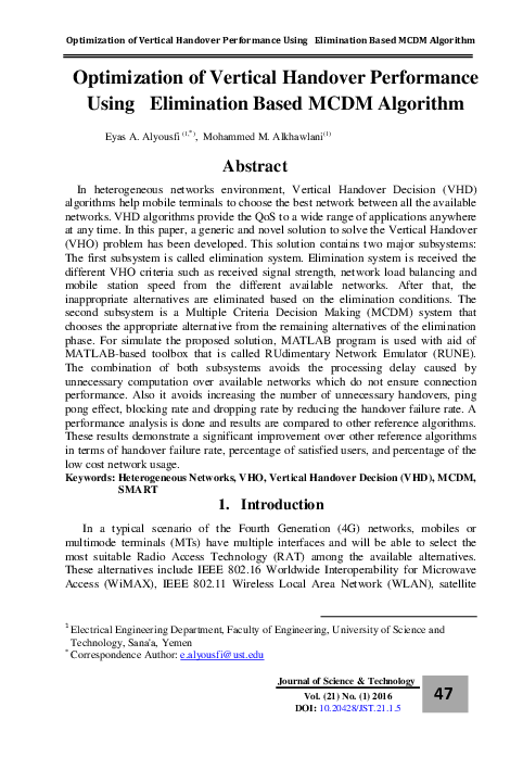 Pdf Optimization Of Vertical Handover Performance Using Elimination Based Mcdm Algorithm