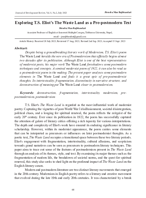 (PDF) Exploring T.S. Eliot’s The Waste Land as a Pre-postmodern Text