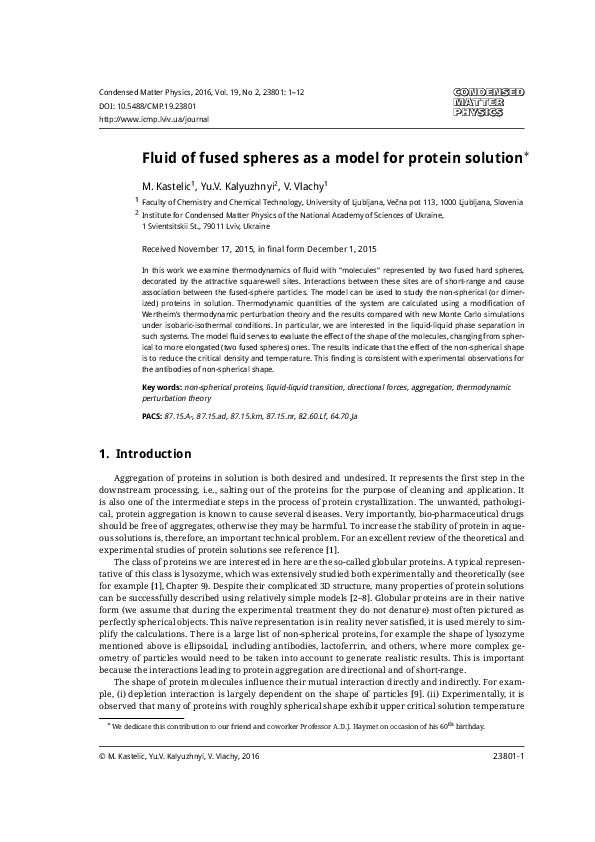 (PDF) Fluid of fused spheres as a model for protein solution