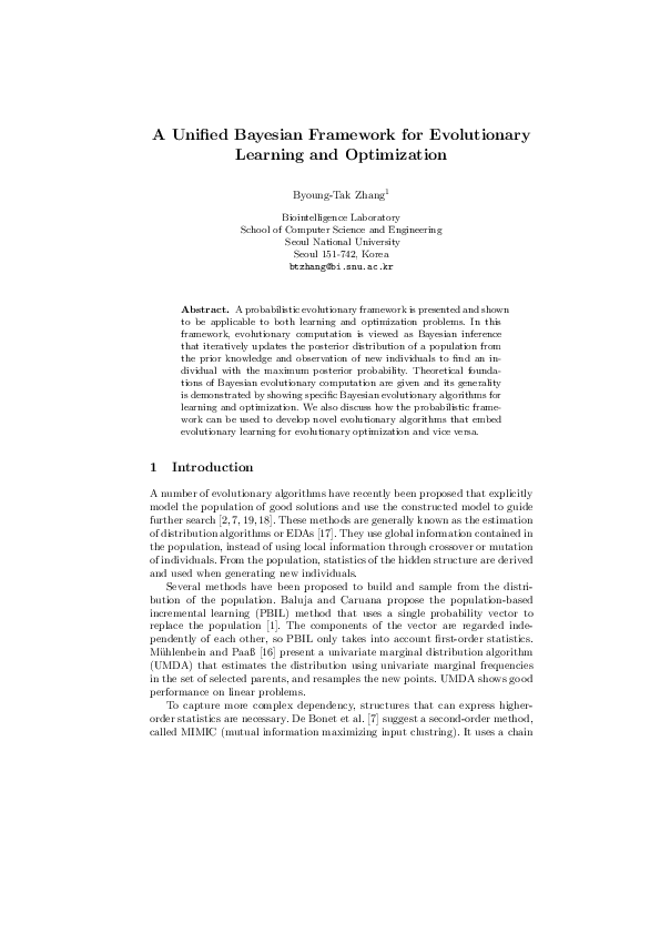 (PDF) A Unified Bayesian Framework for Evolutionary Learning and Optimization