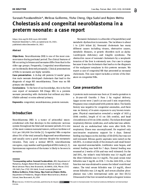 (PDF) Cholestasis and congenital neuroblastoma in a preterm neonate: a ...