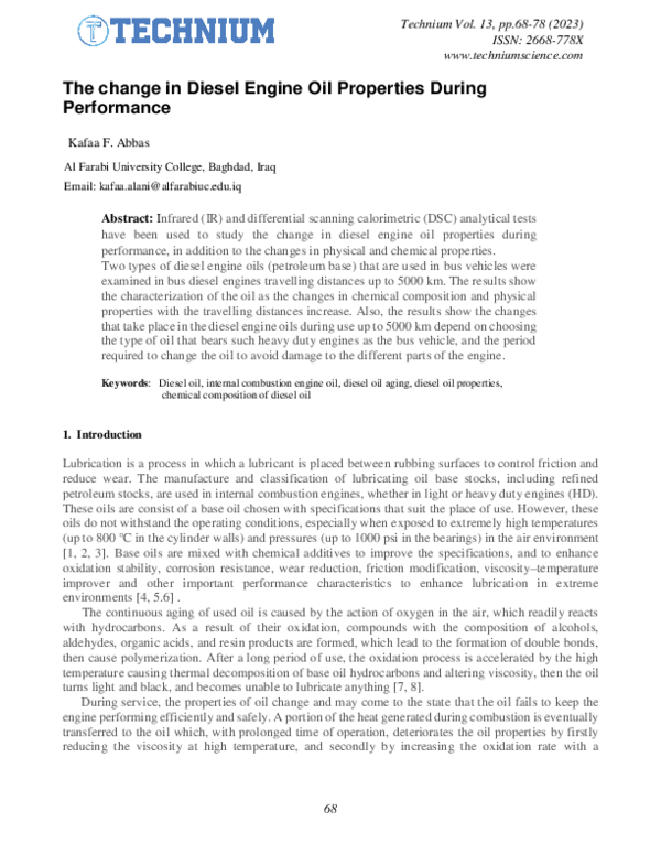 (PDF) The change in Diesel Engine Oil Properties During Performance