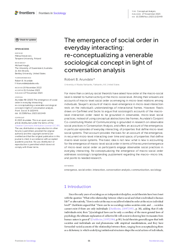 (PDF) The emergence of social order in everyday interacting: re-conceptualizing a venerable ...