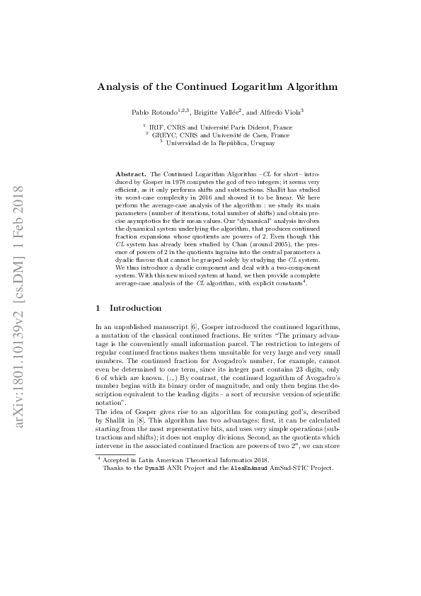 (PDF) Analysis of the Continued Logarithm Algorithm