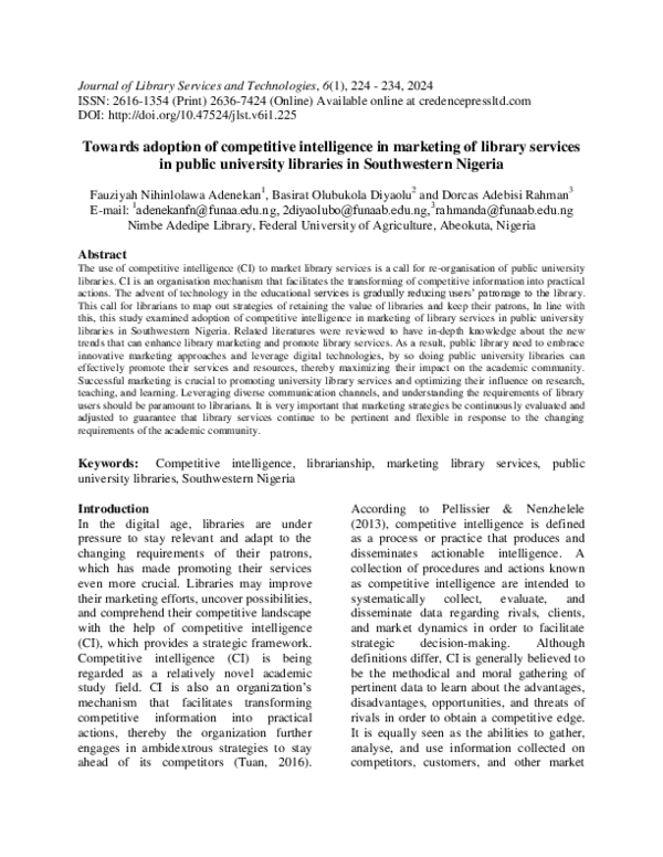 (PDF) Towards adoption of competitive intelligence in marketing of library services in public ...