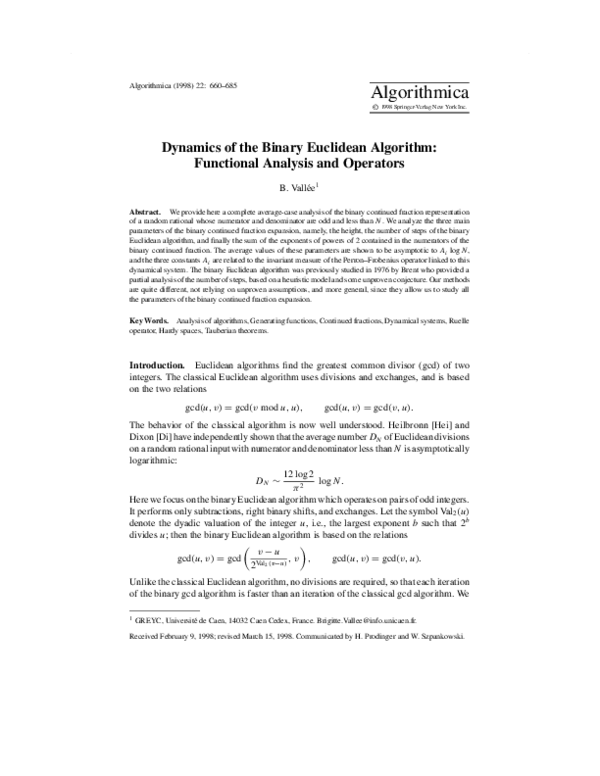 Pdf The Complete Analysis Of The Binary Euclidean Algorithm