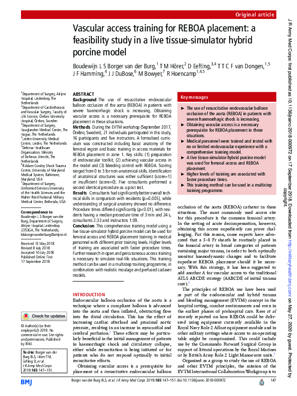 (PDF) Vascular access training for REBOA placement: a feasibility study ...