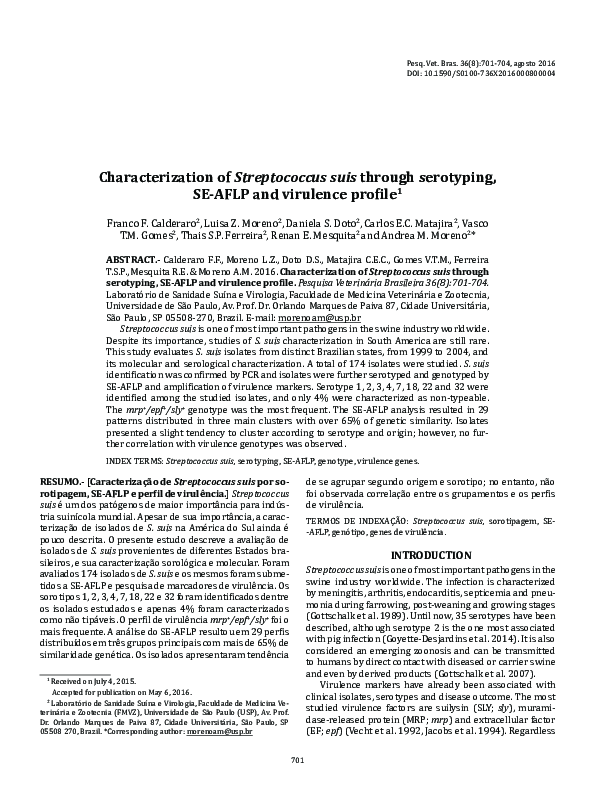 (PDF) Characterization of Streptococcus suis through serotyping, SE ...