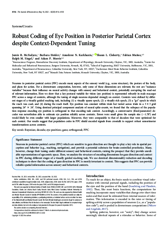 (PDF) Robust Coding of Eye Position in Posterior Parietal Cortex ...