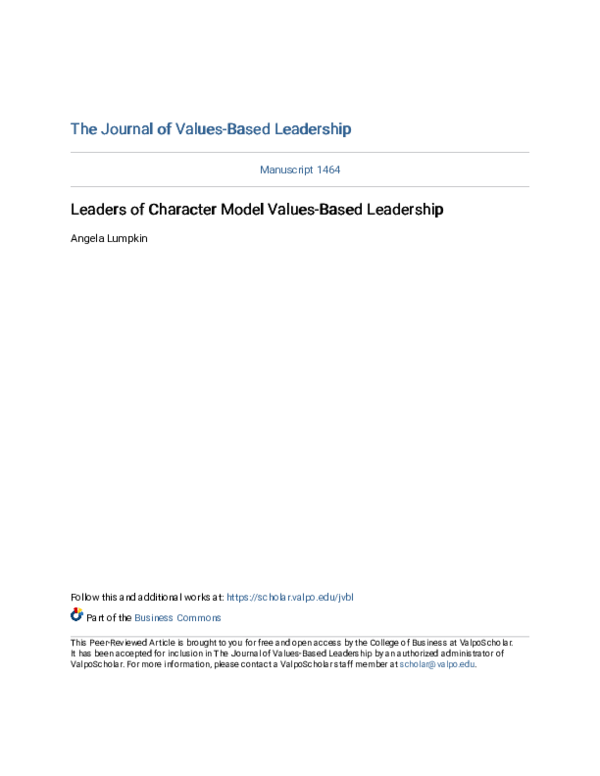 (PDF) Leaders of Character Model Values-Based Leadership
