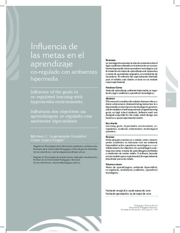 (PDF) Influencia de las metas en el aprendizaje co-regulado con ...