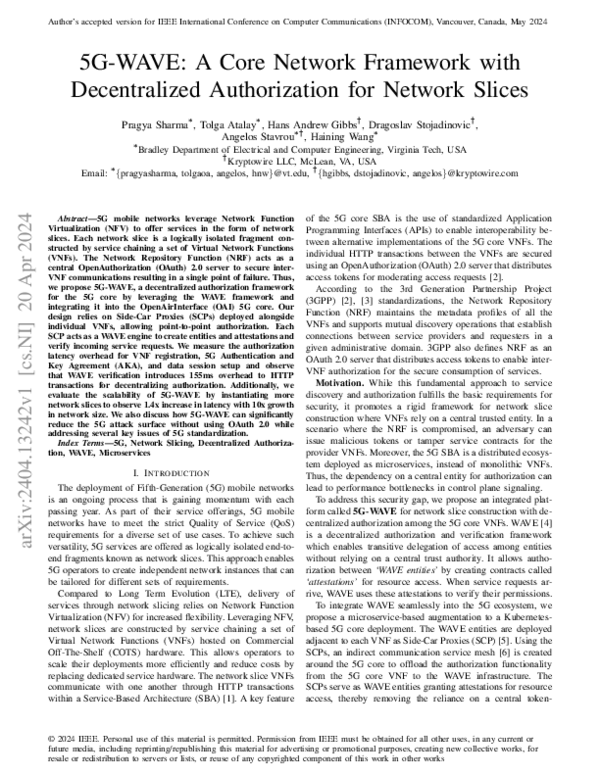 Pdf 5g Wave A Core Network Framework With Decentralized Authorization For Network Slices