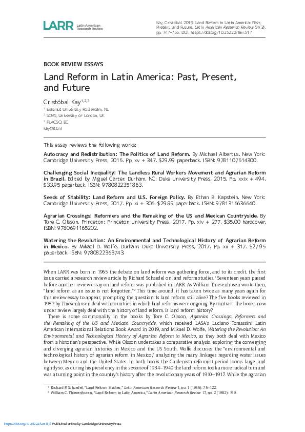 (PDF) Land Reform in Latin America: Past, Present, and Future
