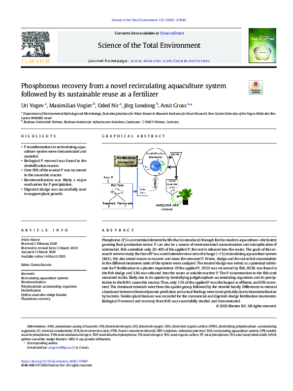 (PDF) Phosphorous recovery from a novel recirculating aquaculture ...