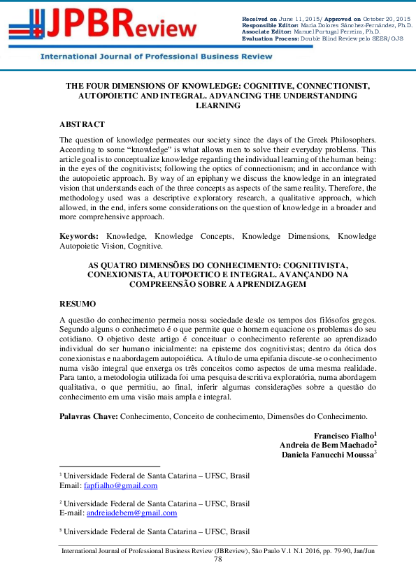 (PDF) The four Dimensions of Knowledge: Cognitive, Connectionist, Autopoietic and Integral ...