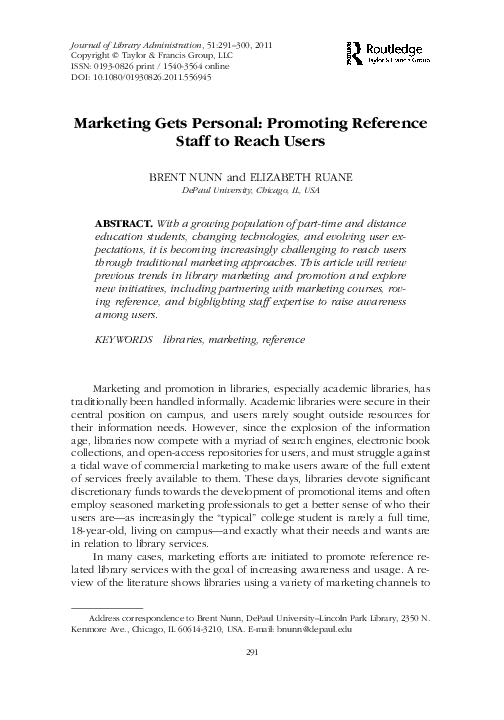 (PDF) Marketing Gets Personal: Promoting Reference Staff to Reach Users