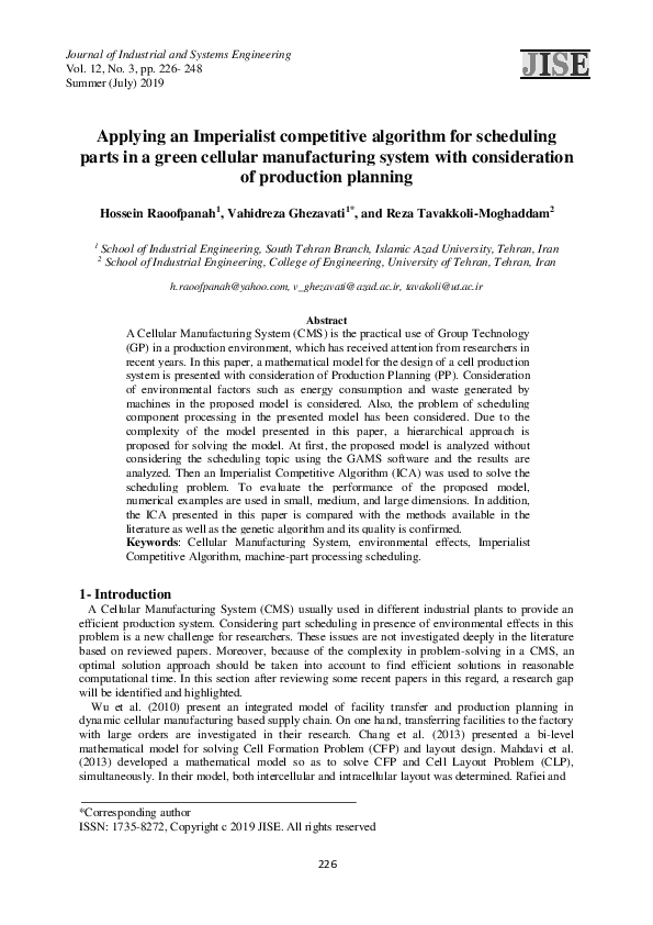 (PDF) Applying an Imperialist competitive algorithm for scheduling parts in a green cellular ...