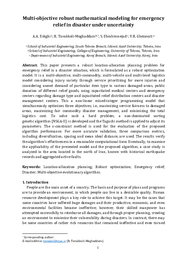 (PDF) Multi-objective robust mathematical modeling for emergency relief in disaster under ...