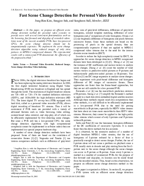 (PDF) Fast scene change detection for personal video recorder | Sungjoo Suh - Academia.edu