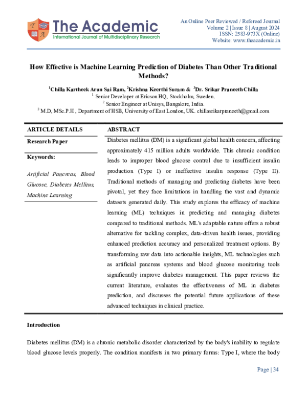 Pdf How Effective Is Machine Learning Prediction Of Diabetes Than Other Traditional Methods