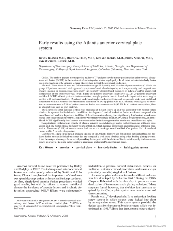 (PDF) Early results using the Atlantis anterior cervical plate system