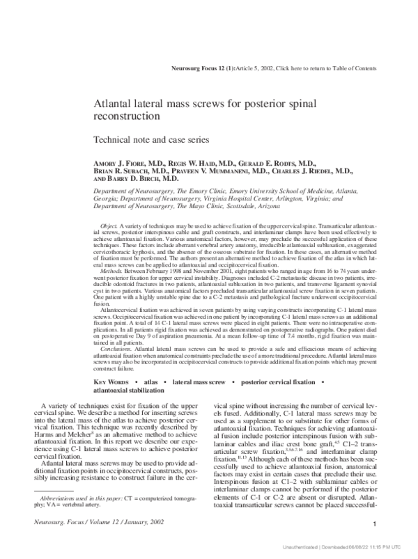 (PDF) Atlantal lateral mass screws for posterior spinal reconstruction ...