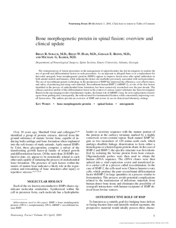(PDF) Bone morphogenetic protein in spinal fusion: overview and clinical update