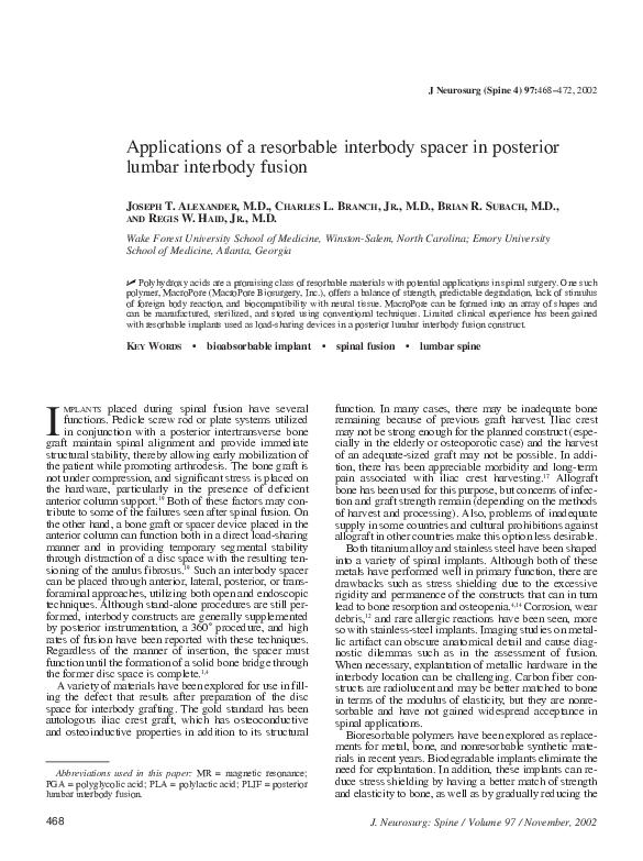 (PDF) Applications of a resorbable interbody spacer in posterior lumbar ...
