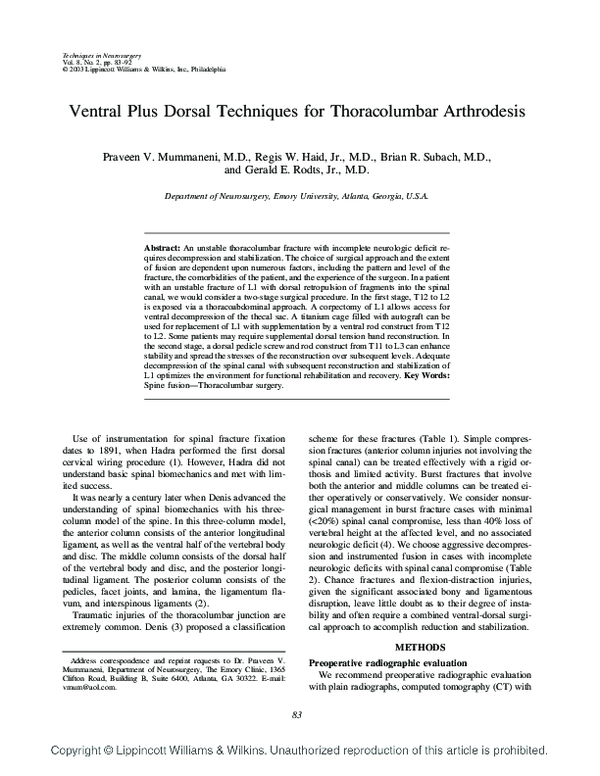 (PDF) Ventral Plus Dorsal Techniques for Thoracolumbar Arthrodesis ...