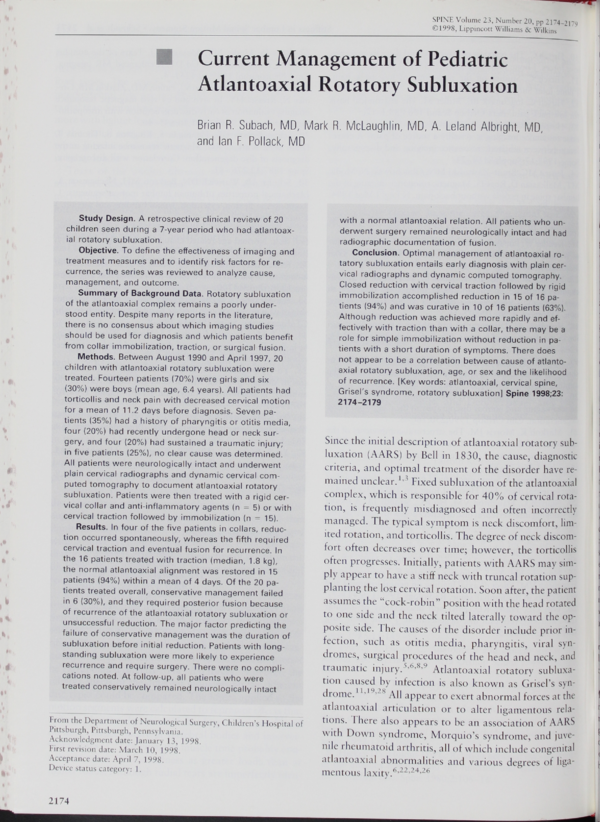 (PDF) Current Management of Pediatric Atlantoaxial Rotatory Subluxation
