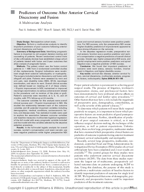 (PDF) Predictors of Outcome After Anterior Cervical Discectomy and ...