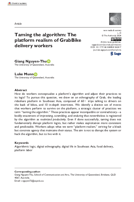 (PDF) Taming the algorithm: The platform realism of GrabBike delivery workers | Luke Munn ...