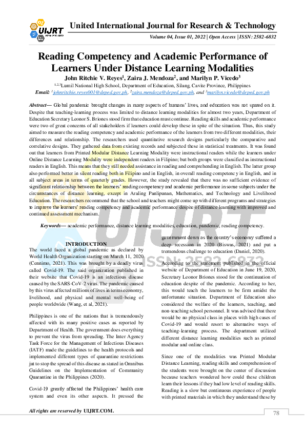 (PDF) Reading Competency and Academic Performance of Learners Under ...